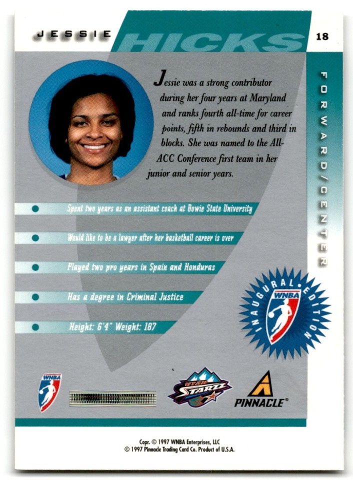 1997-98 Pinnacle Inside WNBA Jessie Hicks Rookie Utah Starzz #18 | eBay