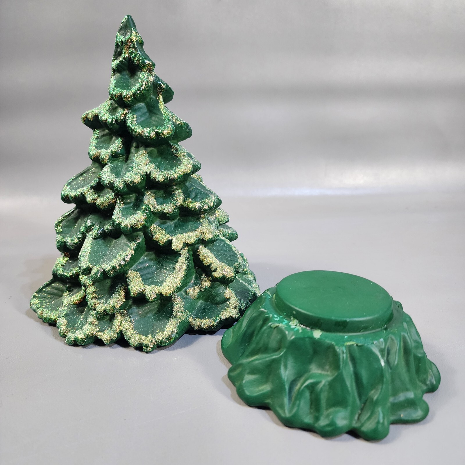 Vintage Ceramic Mold Christmas Tree Green Gold Glitter Hand Painted 8 ...