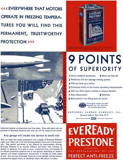 Union Carbide 1929 - Eveready Prestone Ad - Everywhere that Motors ...