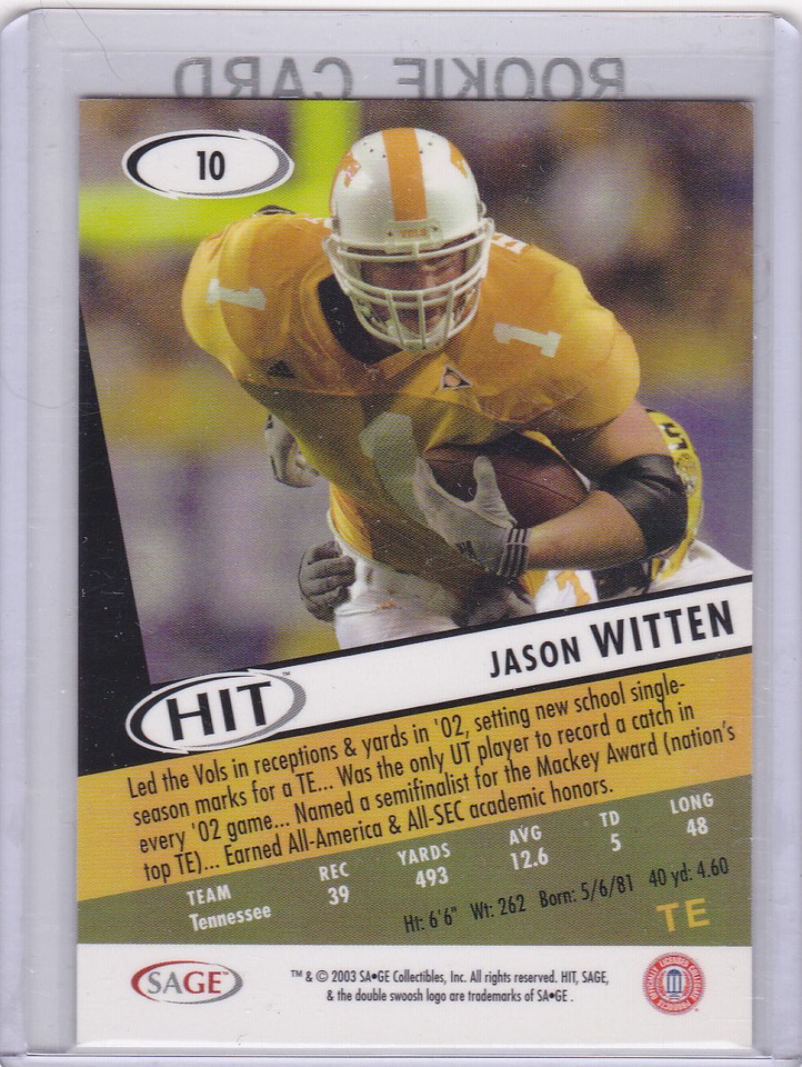 JASON WITTEN Tennessee Volunteers 2002 ROOKIE CARD Football RC Dallas ...