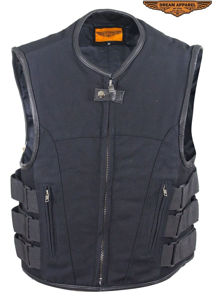Men's Black Plain Canvas SOA Vest Motorcycle Concealed Elastic Straps ...