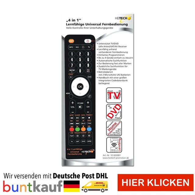 Heitech 10000081 4-in-1 Lernfähige Universal-Fernbedienung - Schwarz ...