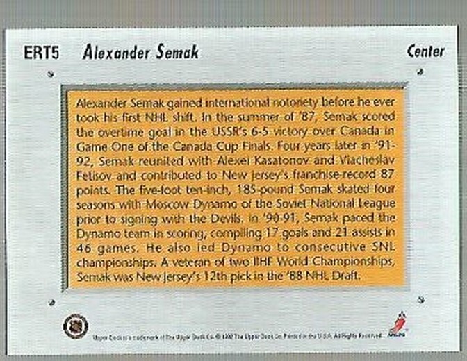 1992-93 Upper Deck Euro-Rookie Team Alexander Semak #ERT5 New Jersey ...