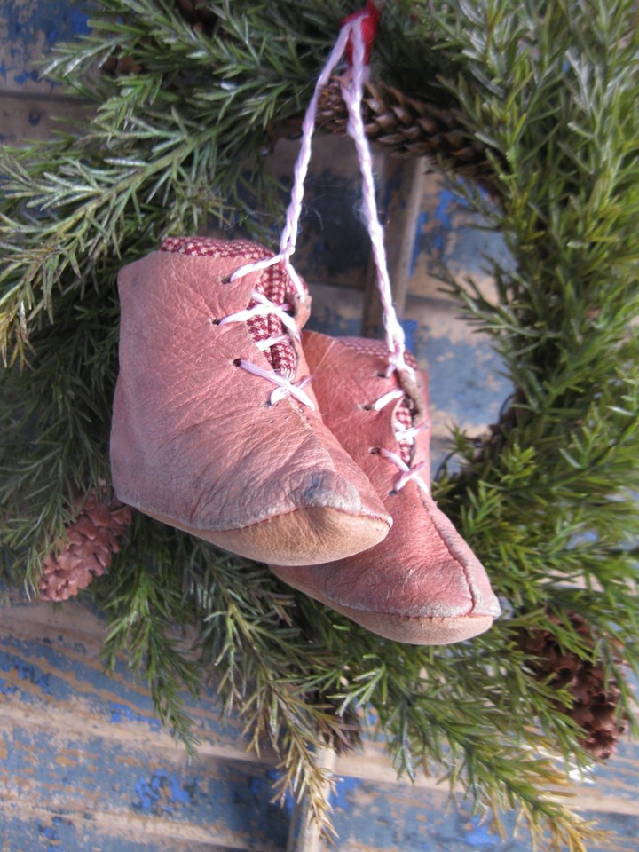 Christmas Wreath with Antique Faded Red Leather Doll Shoes | eBay