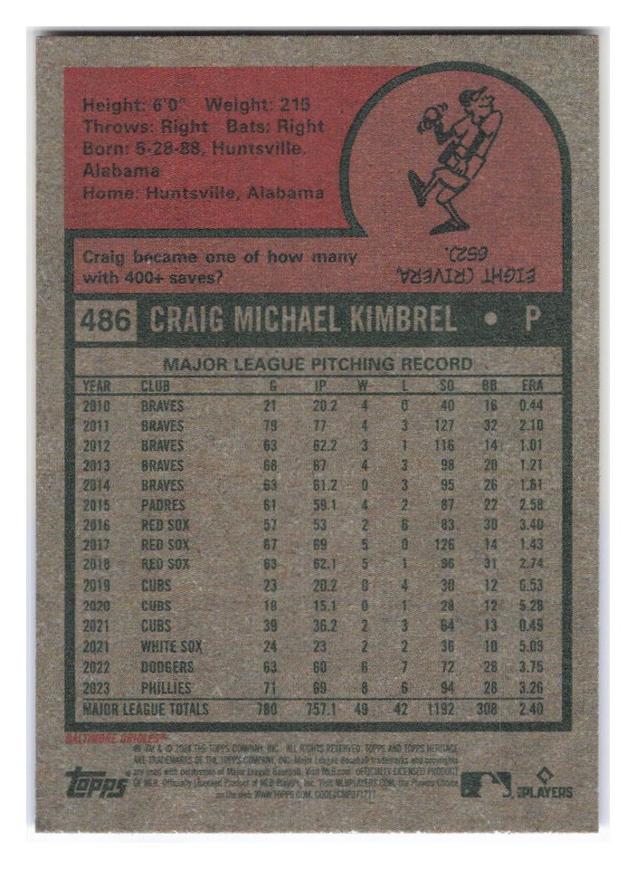 2024 Topps Heritage #486 Craig Kimbrel Baltimore Orioles | eBay UK