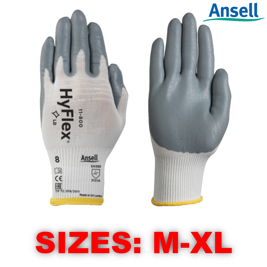 Ansell 11-800 HyFlex Foam Nitrile Coated Knit Palm Work Gloves (Sizes ...
