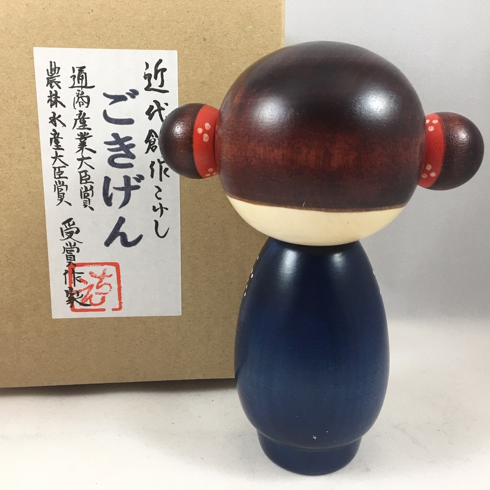 Japanese KOKESHI Wooden Doll 5.25"H Girl Gokigen Blue Kimono Ume Made ...