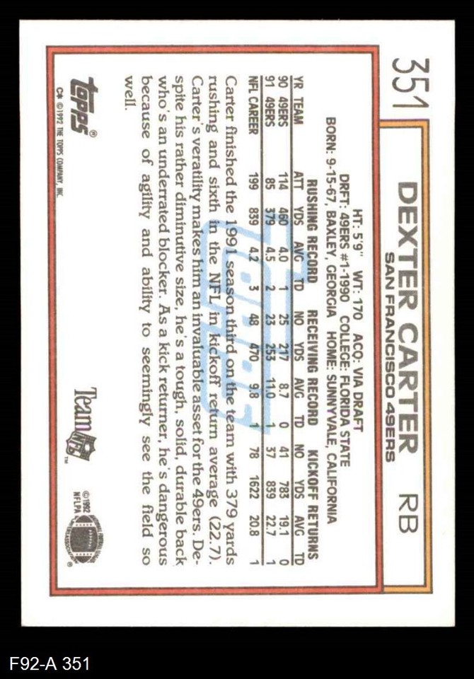 1992 Topps #351 Dexter Carter 49ers Florida St 8 - NM/MT | eBay