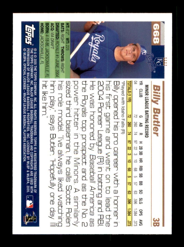 2005 Baseball Topps Billy Butler Kansas City Royals #668 DP RC | eBay