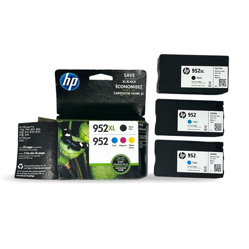 3x OEM HP Ink Cartridges [1] 952XL Black [2] 952 Cyan Opened Unsealed ...