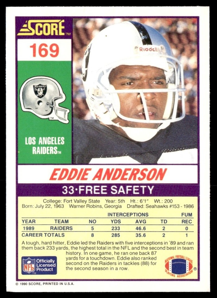 1990 Score Eddie Anderson Rookie Los Angeles Raiders #169 | eBay
