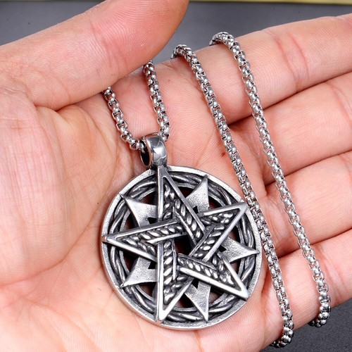Fashion Pagan Wiccan Pentagram Star Round Pendant Necklace Stainless ...