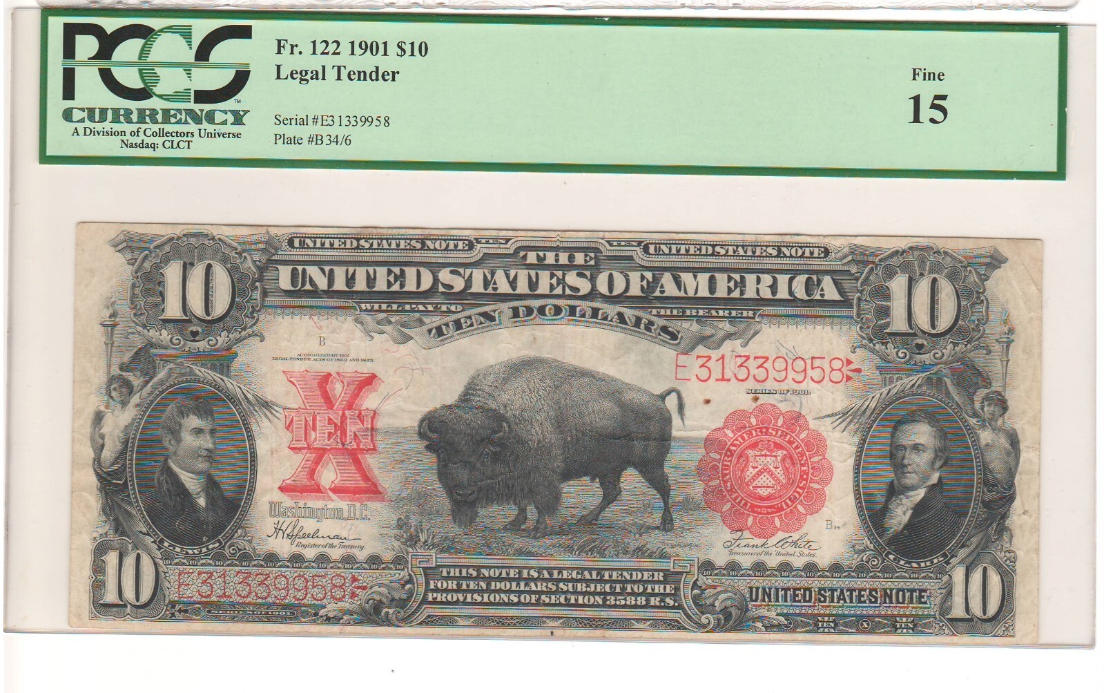 Bright Beautiful Bison Note $10 1901 Legal Tender Fr122 PCGS 15 (L@@K ...