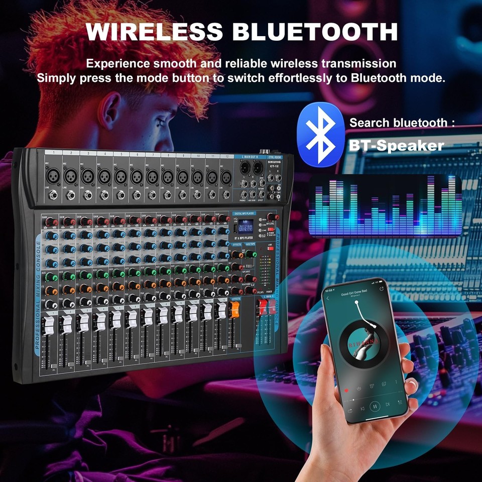 12 Channel Audio Interfacer Sound Board Mixer DJ Mixer 16-Bit DSP ...