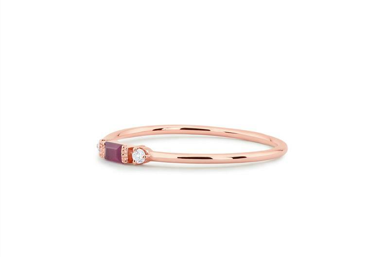 0.3ct Lab-Created Baguette Pink Ruby Trilogy Minimalist Ring Rose Gold ...
