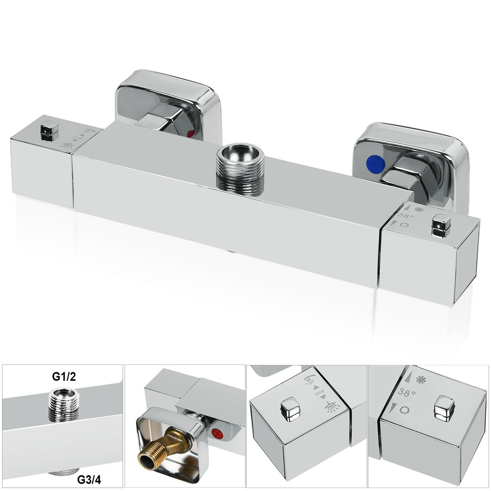Square Thermostatic Shower Bar Mixer Valve Tap Bathroom Twin Outlet ...