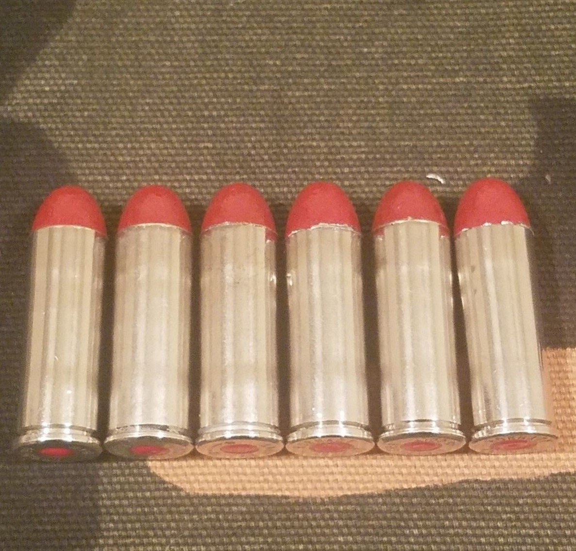 45 LONG COLT SNAP CAPS SET OF 6, RED AND NICKEL, REAL WEIGHT!!! 45LC 45 ...