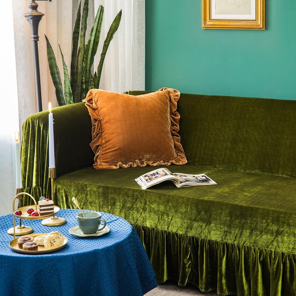 Velvet Sofa Cover Soft Decorative Luxurious Solid Exquisite Ruffle Trim ...