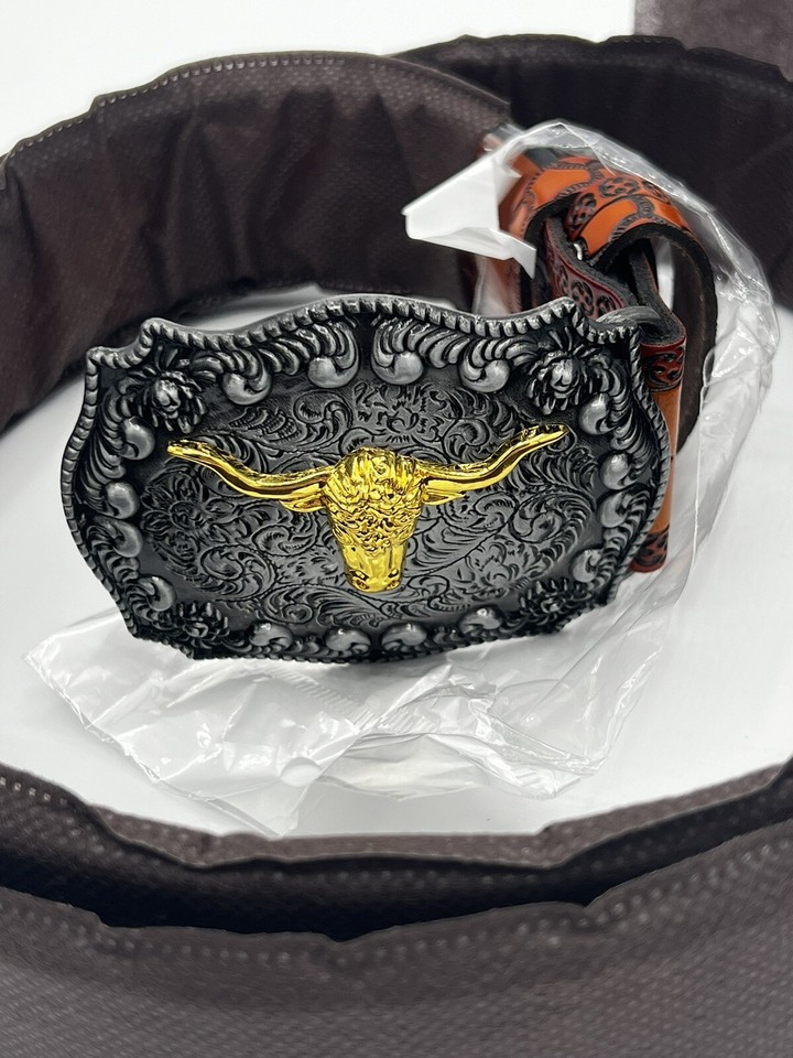 Western Floral High Quality Gen Leather Belt Longhorn Belt Buckle XL 42 ...