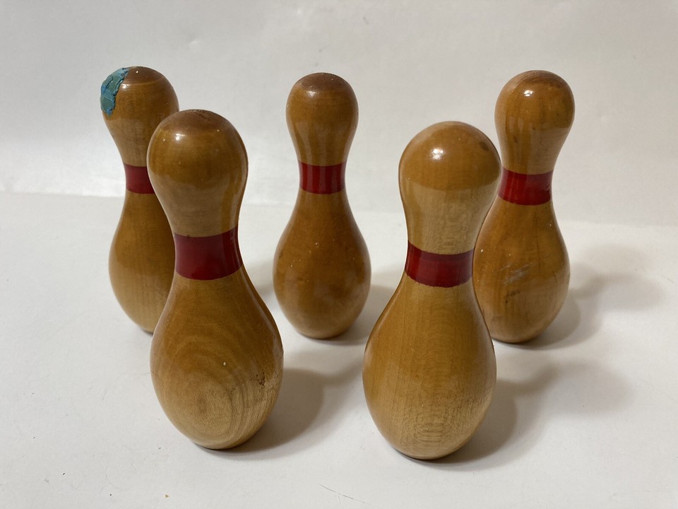 Vintage wooden miniature bowling pins high games set of 5 different ...