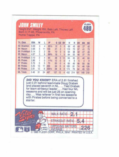 John Smiley Pittsburgh Pirates Pitcher #480 Fleer 1990 #Baseball Card ...