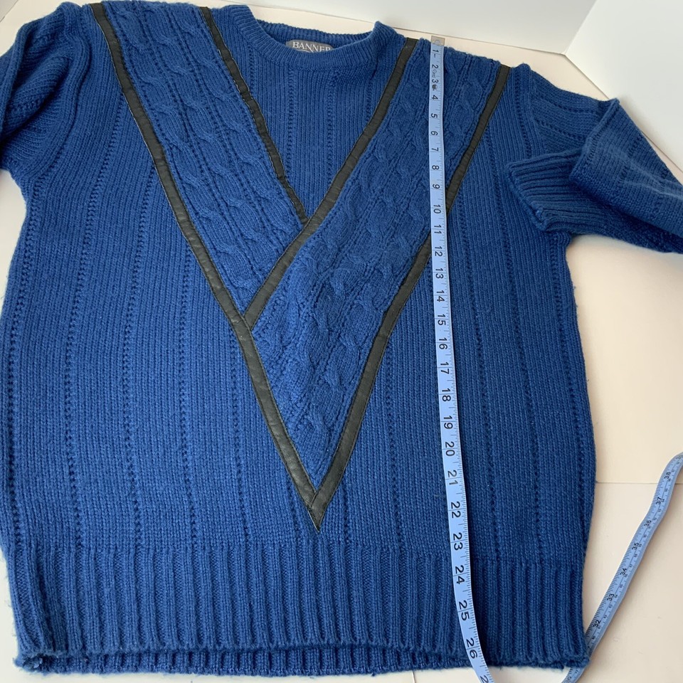1970’s Banner Montgomery Ward Men’s Medium Blue Sweater W/Leather Trim ...
