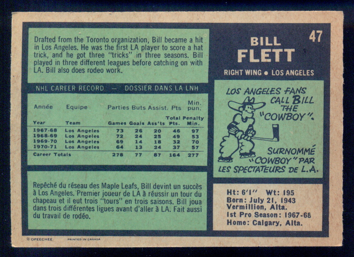 1971-72 OPC O PEE CHEE NHL Hockey #47 Bill Flett NM Los Angeles Kings ...