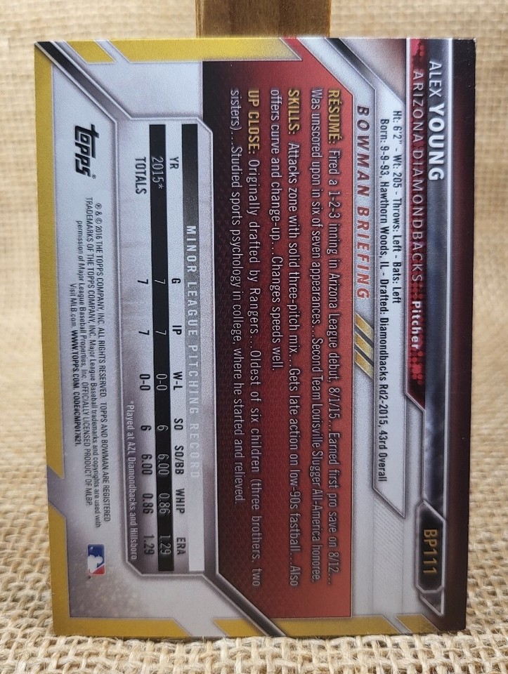 2016 Bowman Prospects Alex Young Baseball Card BP111 Diamondbacks FREE ...