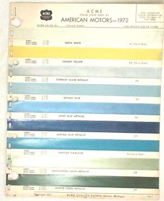 1972 AMC ACME COLOR PAINT CHIP CHART JAVELIN AMX MORE | eBay UK