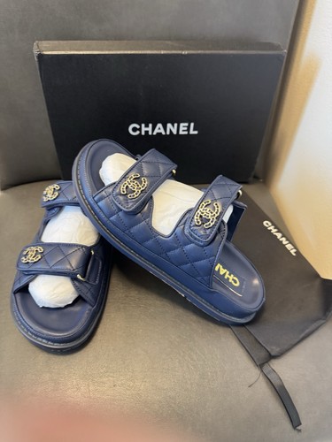 Size 37EU NEW CHANEL Blue Lambskin DAD SLIDE sandals | eBay