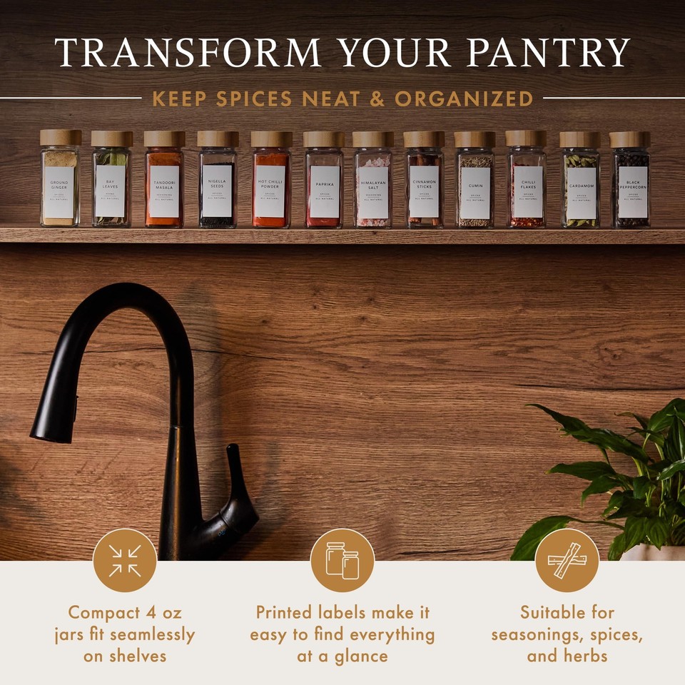 Glass Spice Jars with 360 Labels -24 pcs- 4oz- Spice Containers with ...