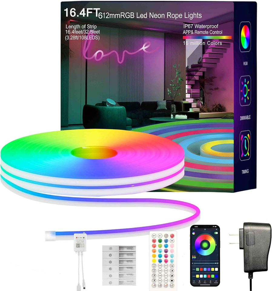 Neon Rope Lights, 16.4FT RGB LED Strip Lights App Control,Ir Remote ...