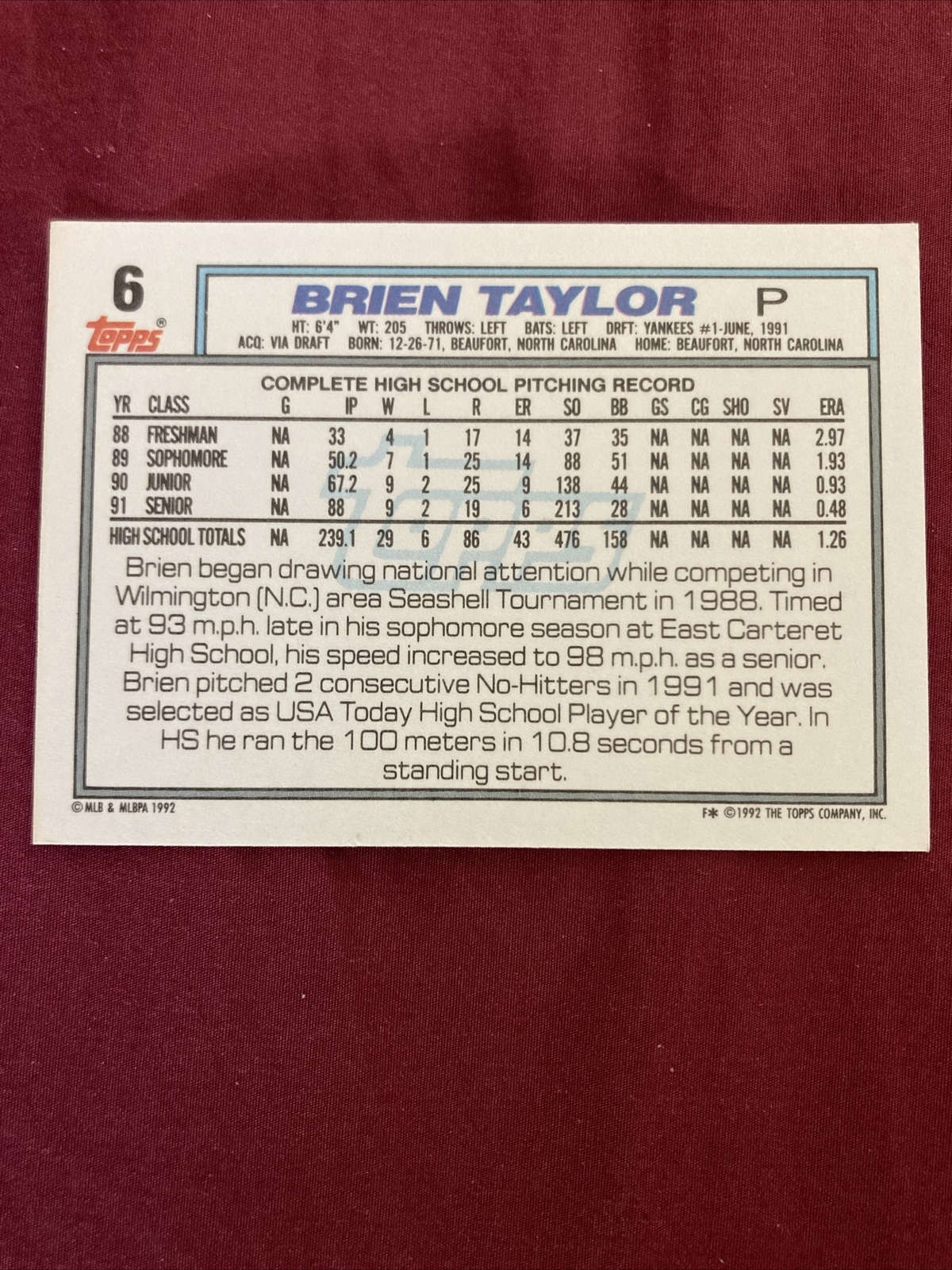 1992 Topps Brien Taylor #6 MLB New York Yankees Draft Pick/Rookie Card ...