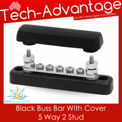 12v 24v Black Buss Bar with Cover 5 Way 2 Stud Connection Distribution ...