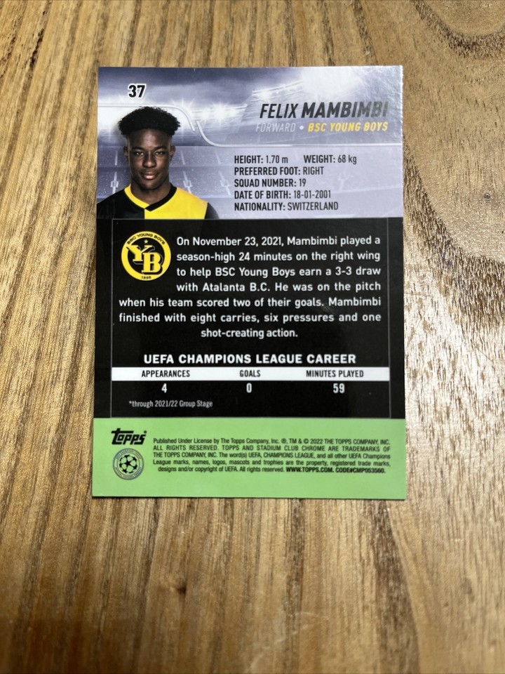 2021-22 Stadium Club Chrome Rookie #37 - Felix Mambimbi - BSC Young ...
