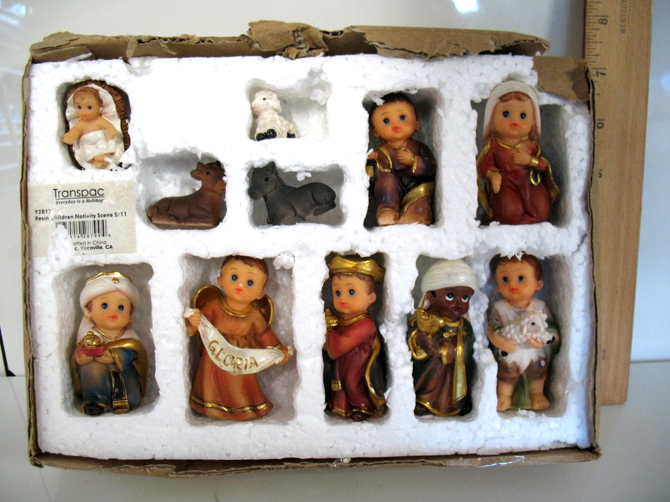 Vintage TRANSPAC Nativity Manger Creche Set Scene Resin Children ...