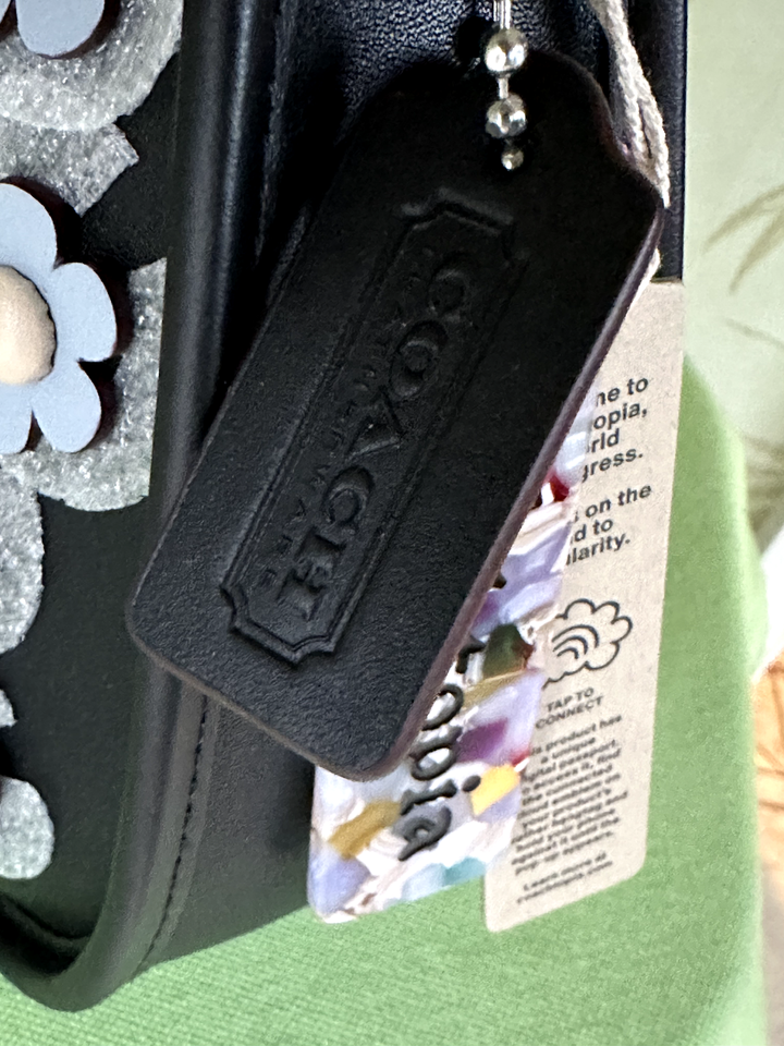 COACH COACHTOPIA ERGO BAG w/MINI FLOWER APPLIQUE:NWT BLACK/ICE BLUE ...