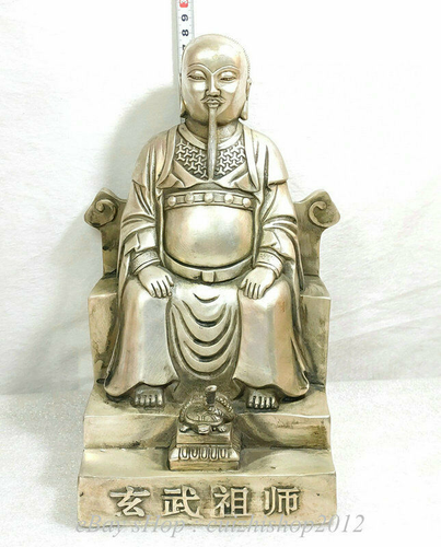 12" Old Chinese Silver Taoism XuanWu Dadi rycunhua emperor God Statue ...