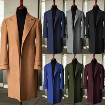 Wool Blend Men Long Overcoats Wide Peak Lapel Outdoor Warm Formal ...