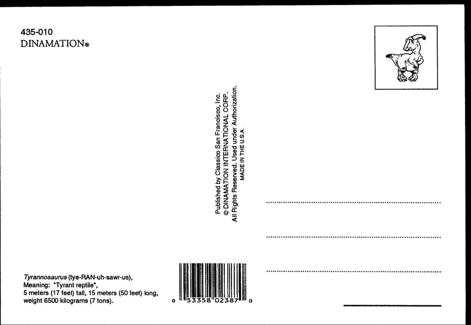 Tyrannosaurus Dinosaur "Tyrant Reptile" Postcard DINAMATION (UNPOSTED ...