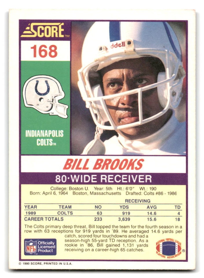 Bill Brooks 1990 Score #168 Indianapolis Colts FOOTBALL | eBay