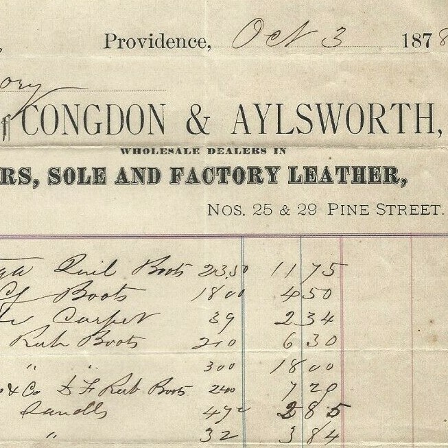 Congdon & Aylsworth, 1878 Letterhead, Invoice for Shoe Items ...