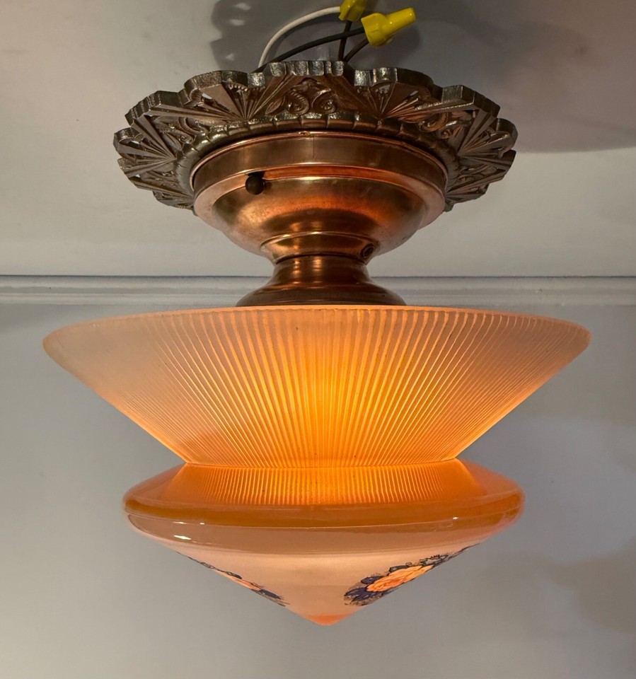 Antique vtg Art Deco 2 pieces of glass shade light fixture rewired | eBay