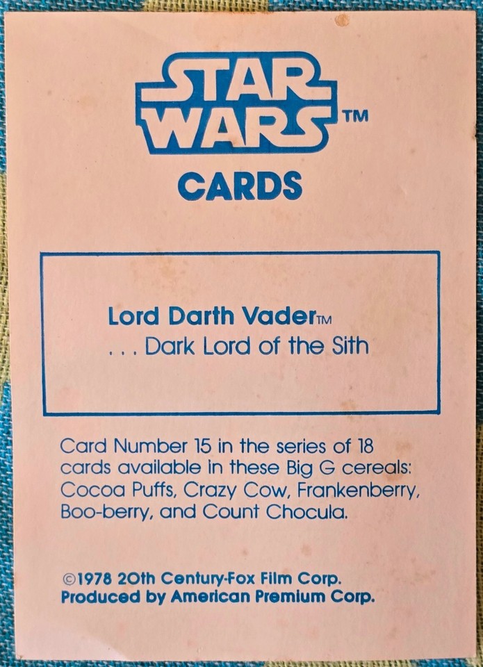 1978 Star Wars General Mills Big G Cereals Card number #15 Sith Lord ...