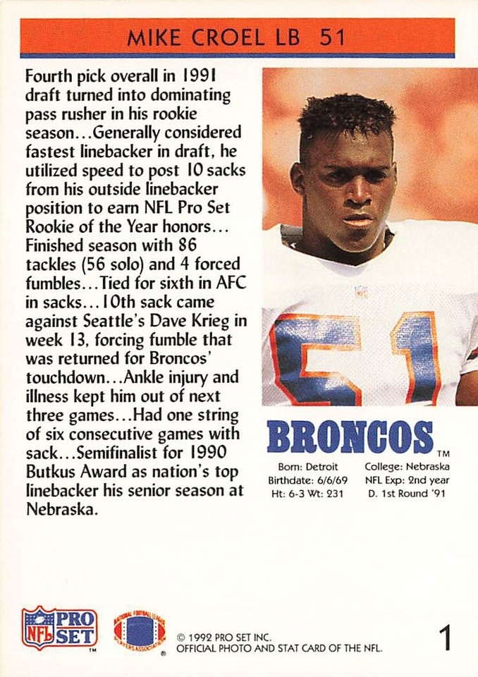 1992 Pro Set #1 Mike Croel Denver Broncos | eBay