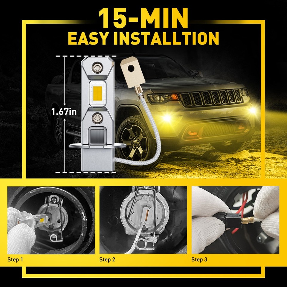 H3 LED Fog Light Bulb Conversion Kit DRL Lamp 3000K Golden Yellow ...