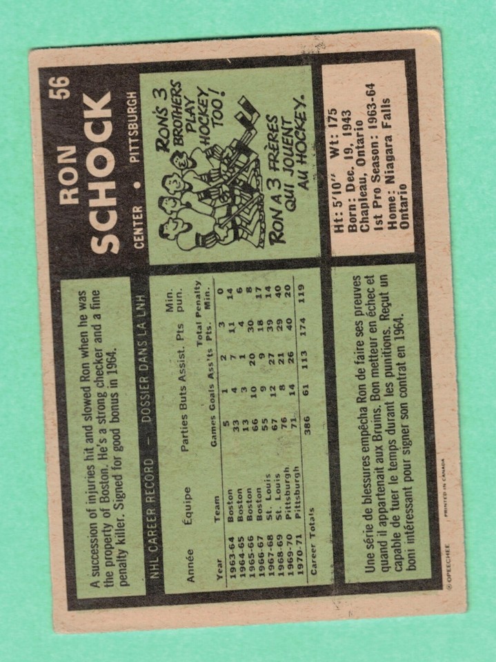 (1) RON SCHOCK 1971-72 O-PEE-CHEE # 56 PENGUINS EX/EX+ CARD (I6468) | eBay