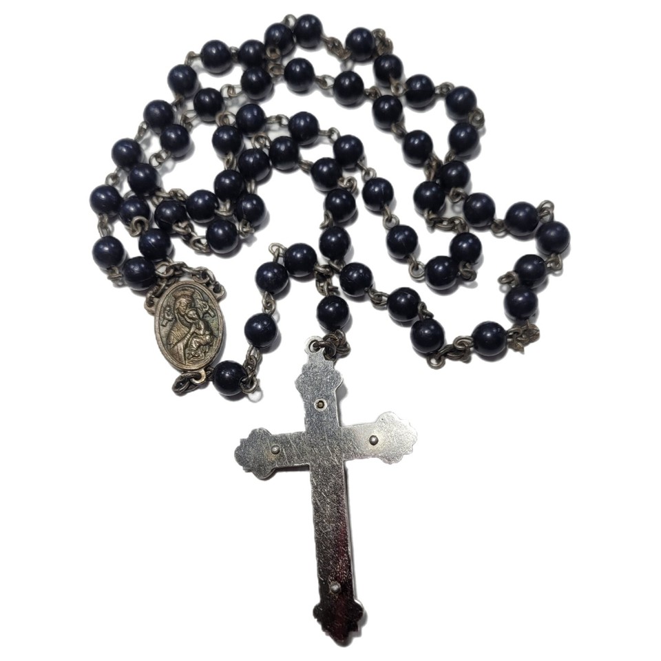Vtg Cross Crucifix INRI Ivy Decoration Centerpiece Rosary Black Bead ...