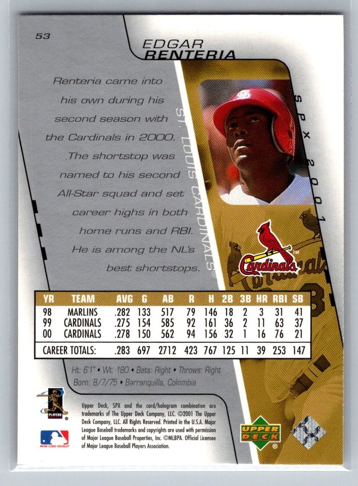 2001 Upper Deck SPx Baseball Card #53 Edgar Renteria St. Louis ...