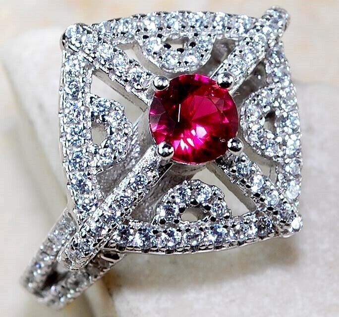2CT Treated Ruby & White Topaz 925 Solid Sterling Silver Ring Sz 8 G2-9 ...
